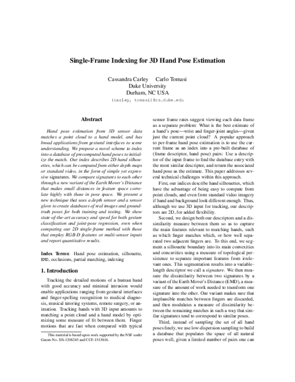 Pdf Efficient 3d Hand Pose Estimation Via Indexing
