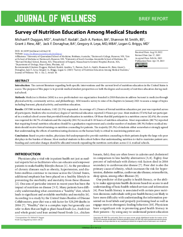 (PDF) Survey of Nutrition Education Among Medical Students