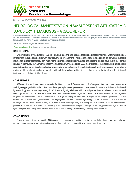 (PDF) Neurological Manifestation in a Male Patient with Systemic Lupus Erythematosus - a Case Report
