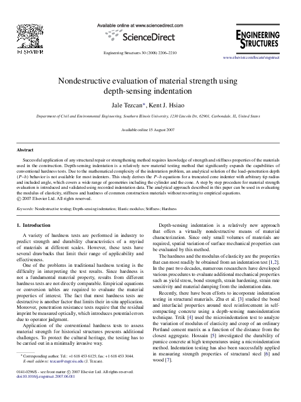 (PDF) Nondestructive evaluation of material strength using depth-sensing indentation