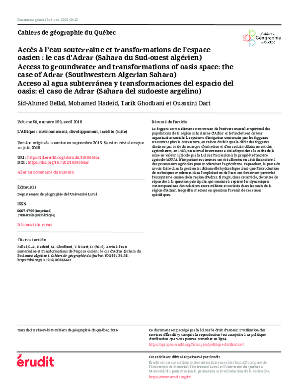 (PDF) Accès à l’eau souterraine et transformations de l’espace oasien ...