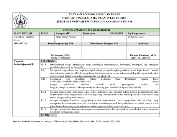 (PDF) RPS Matakuliah Penelitian Tindakan Kelas (PTK)