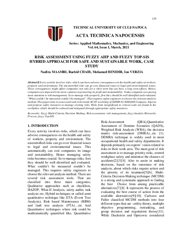 (PDF) Risk Assessment Using Fuzzy Ahp and Fuzzy Top-Sis Hybrid Approach for Safe and Sustainable ...