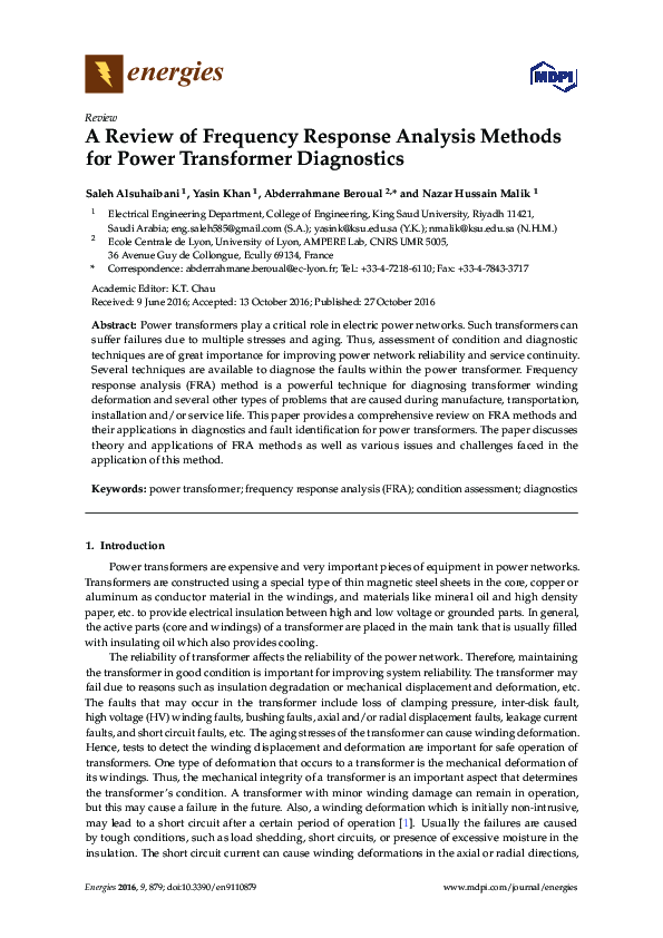 (PDF) A Review of Frequency Response Analysis Methods for Power Transformer Diagnostics