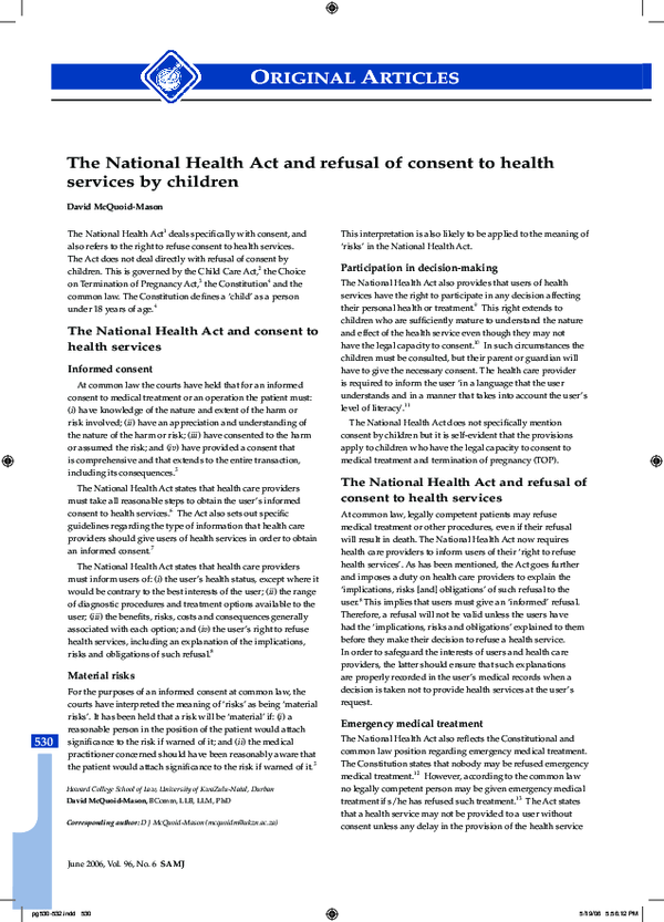 (PDF) The National Health Act and refusal of consent to health services ...