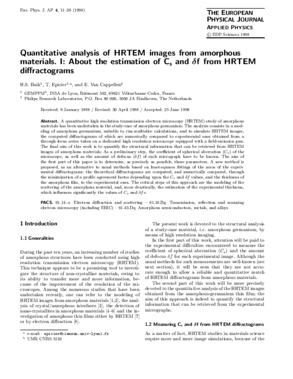 (PDF) Quantitative analysis of HRTEM images from amorphous materials. I ...
