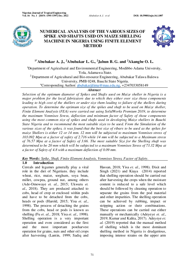 (PDF) Numerical Analysis of the Various Sizes of Spike and Shafts Used on Maize Shelling Machine ...