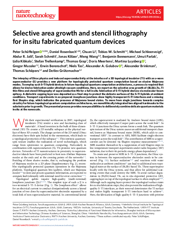 (PDF) Selective area growth and stencil lithography for in situ fabricated quantum devices