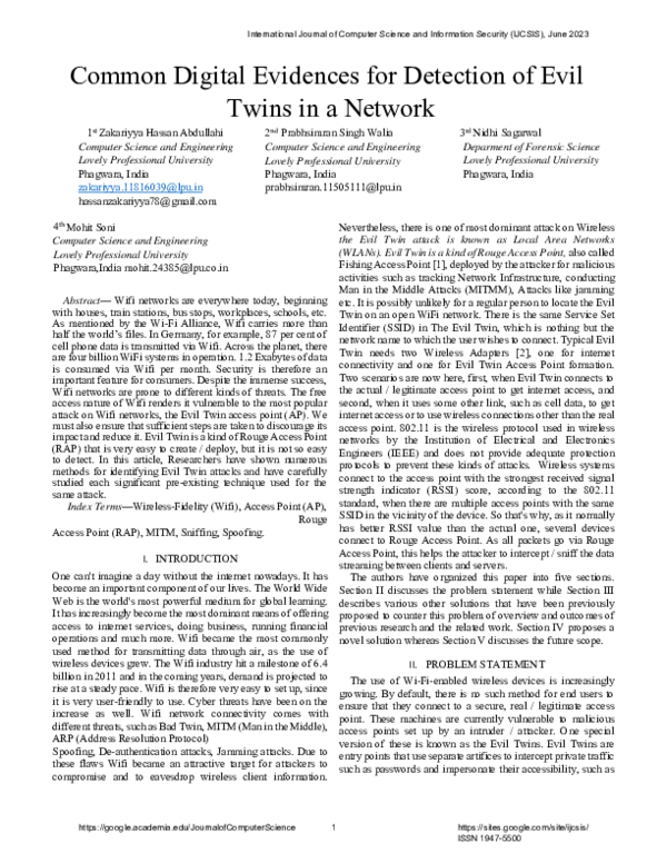 Pdf Common Digital Evidences For Detection Of Evil Twins In A Network