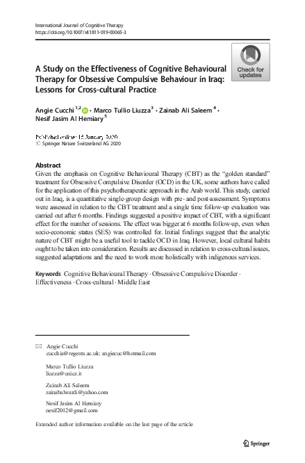 (PDF) A Study on the Effectiveness of Cognitive Behavioural Therapy for Obsessive Compulsive ...