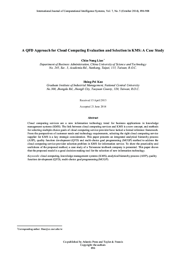 (PDF) A QFD Approach for Cloud Computing Evaluation and Selection in KMS: A Case Study