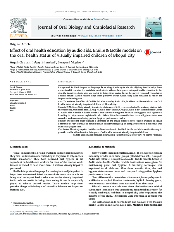 (PDF) Effect of oral health education by audio aids, Braille & tactile ...