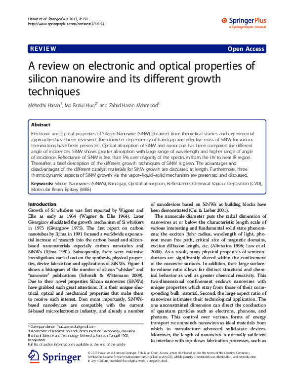 (PDF) A review on electronic and optical properties of silicon nanowire and its different growth ...