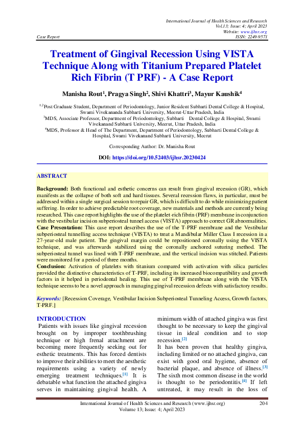 (PDF) Treatment of Gingival Recession Using VISTA Technique Along with ...