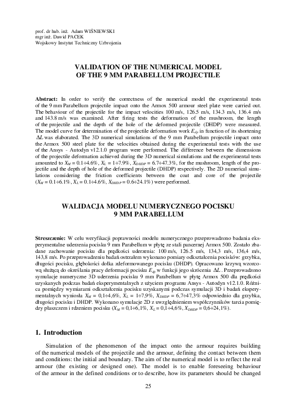 (PDF) Validation of the numerical model of the 9 mm parabellum projectile