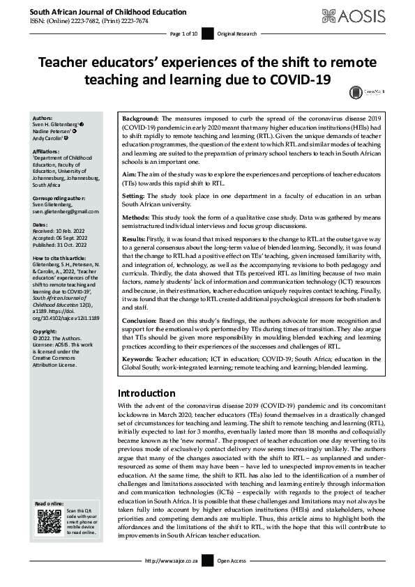 (PDF) Teacher educators’ experiences of the shift to remote teaching ...