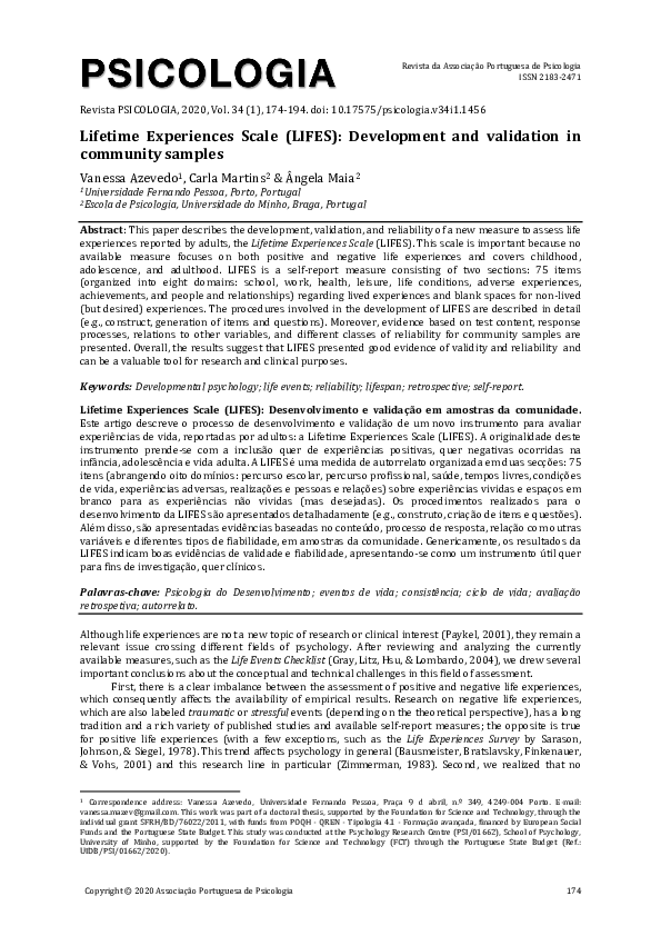 (PDF) Lifetime Experiences Scale (LIFES): Development and validation in ...