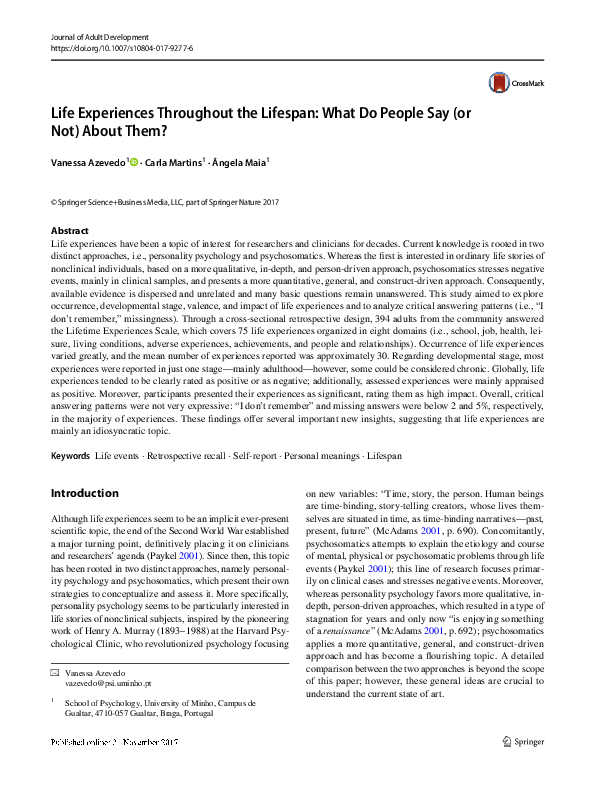(PDF) Life Experiences Throughout the Lifespan: What Do People Say (or ...