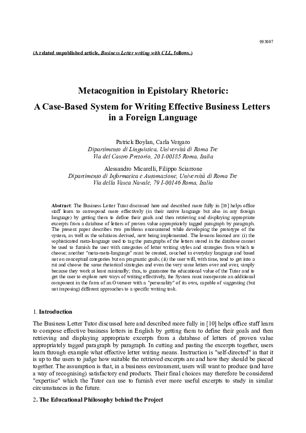 (PDF) Metacognition in Epistolary Rethoric: A Case-based System for ...