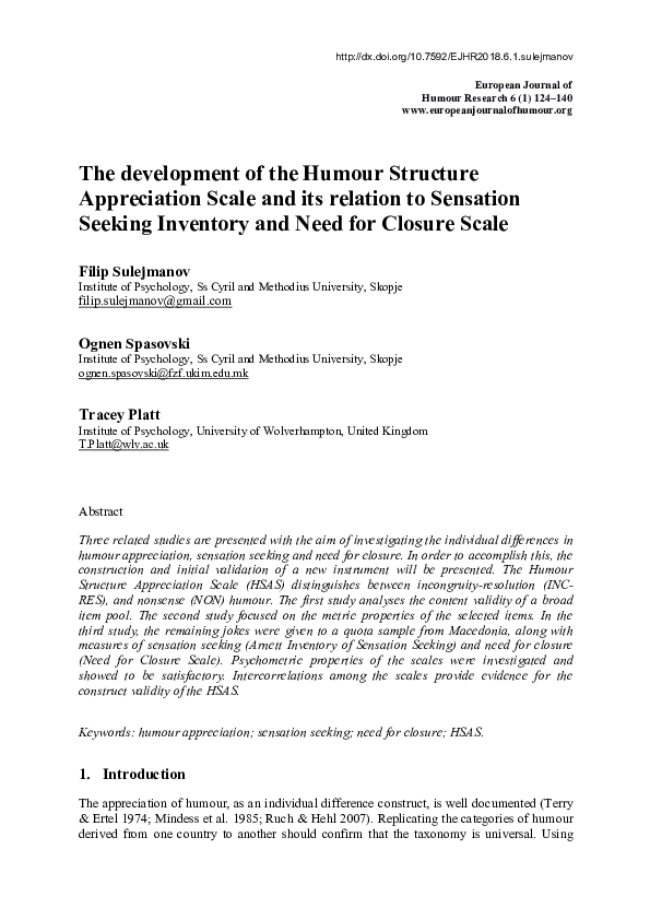 (PDF) The development of the Humor Structure Appreciation Scale and its ...