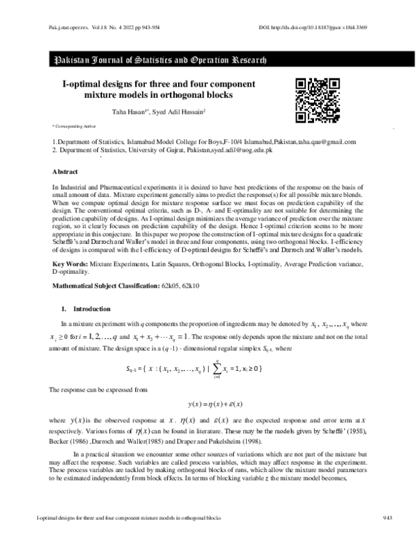 (PDF) I-optimal Designs for three and four component mixture models in orthogonal blocks
