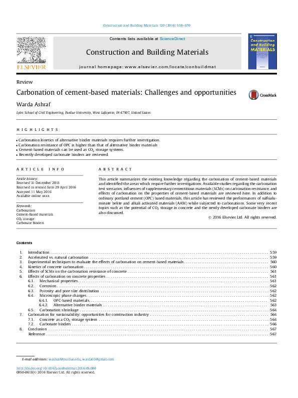 (PDF) Carbonation of cement-based materials: Challenges and opportunities