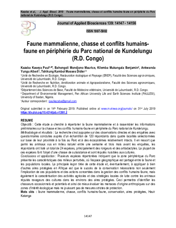 (PDF) Faune mammalienne, chasse et conflits humainsfaune en périphérie ...