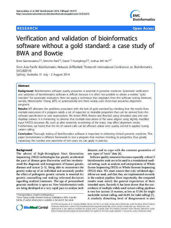 (PDF) Verification and validation of bioinformatics software without a ...