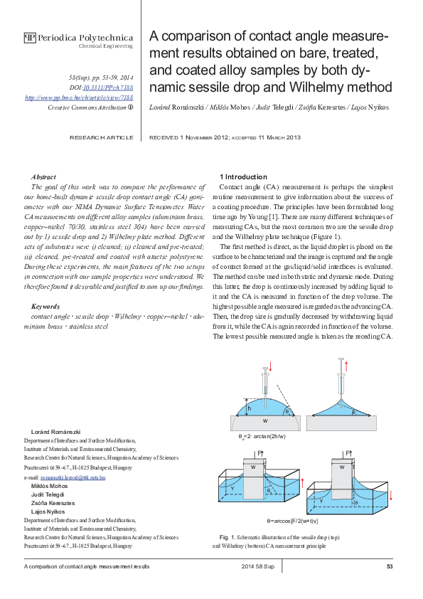 (PDF) A comparison of contact angle measurement results obtained on bare, treated, and coated ...