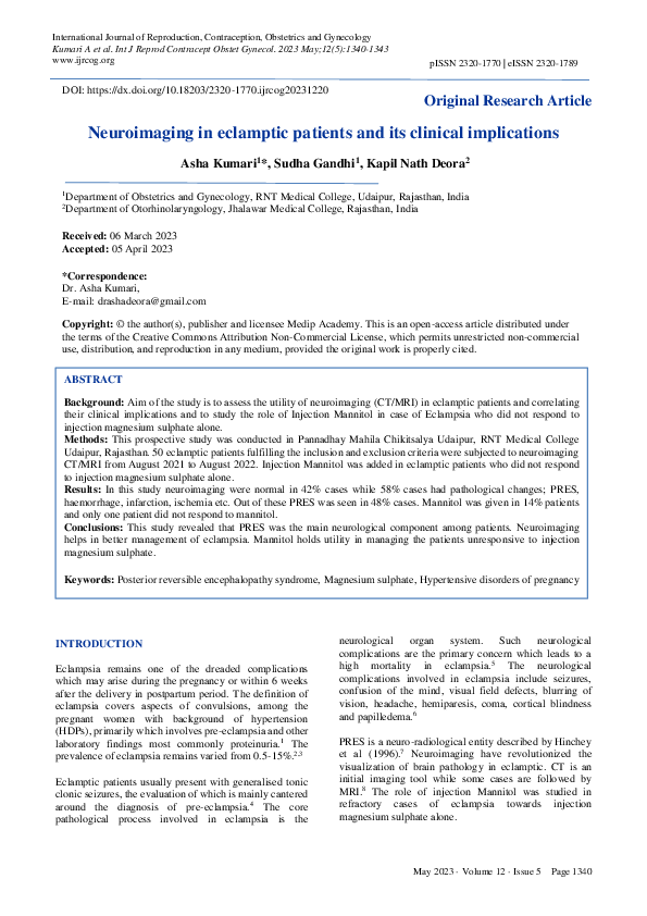 (PDF) Neuroimaging in eclamptic patients and its clinical implications