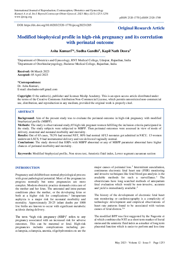 Modified biophysical profile in high-risk pregnancy and its correlation ...