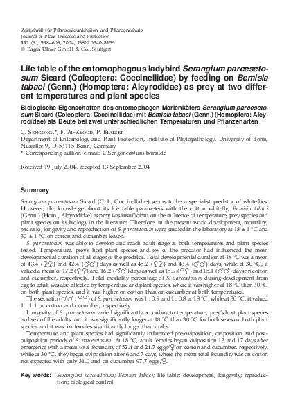 (PDF) Life table of the entomophagous ladybird Serangium parcesetosum ...