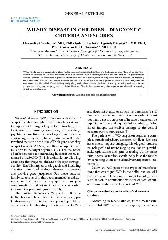 (PDF) Wilson disease in children – diagnostic criteria and scores