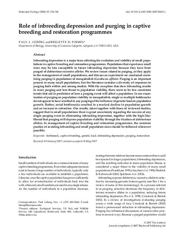 (PDF) Role of inbreeding depression and purging in captive breeding and ...
