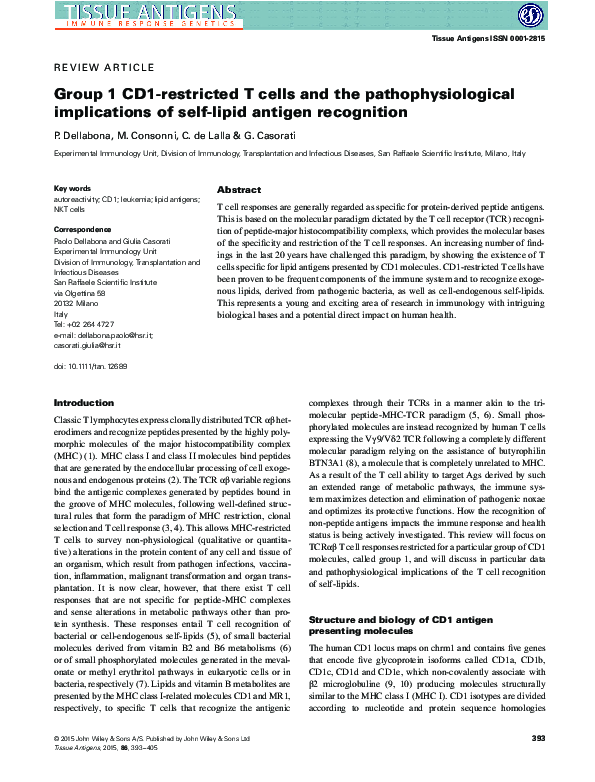 (PDF) Group 1 CD1-restricted T cells and the pathophysiological implications of self-lipid ...