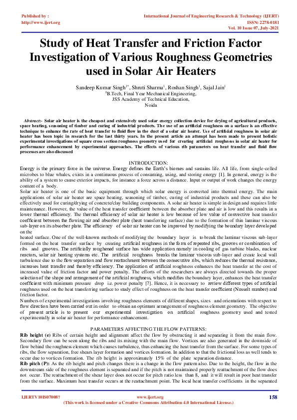 (PDF) Study of Heat Transfer and Friction Factor Investigation of Various Roughness Geometries ...