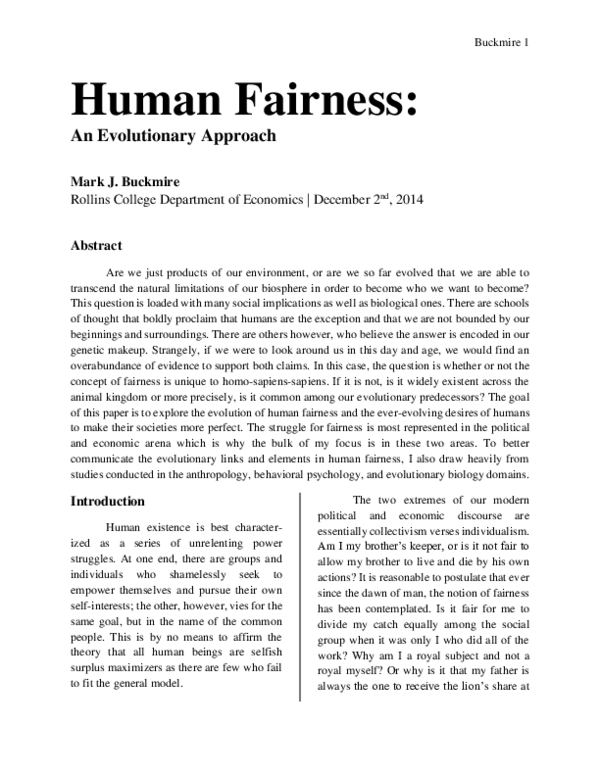 (PDF) Human Fairness: An Evolutionary Approach