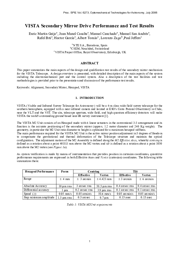 (PDF) VISTA secondary mirror drive performance and test results