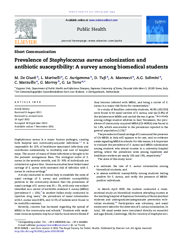 (PDF) Prevalence of Staphylococcus aureus colonization and antibiotic susceptibility: A survey ...