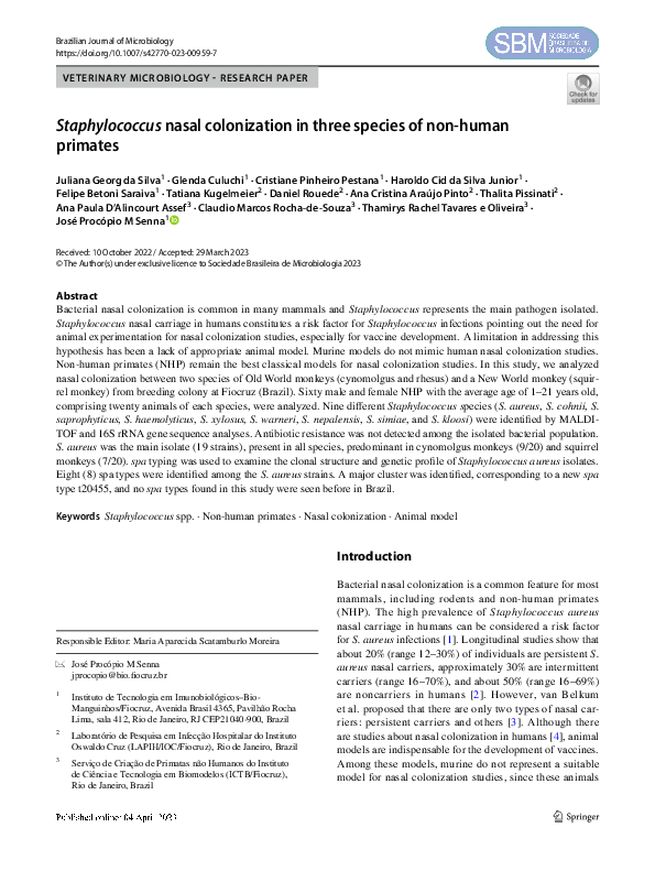 (PDF) Staphylococcus nasal colonization in three species of non-human ...