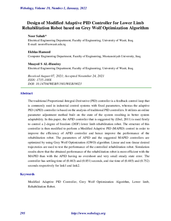 Pdf Design Of Modified Adaptive Pid Controller For Lower Limb Rehabilitation Robot Based On