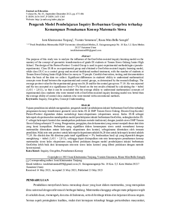 (PDF) Pengaruh Model Pembelajaran Inquiry Berbantuan Geogebra terhadap Kemampuan Pemahaman ...