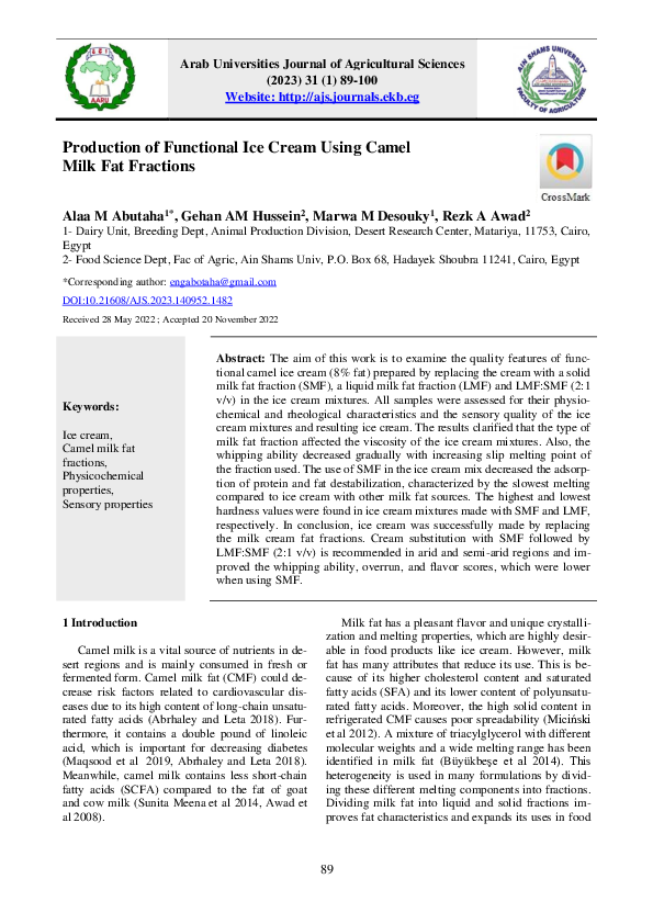 (PDF) Production of Functional Ice Cream Using Camel Milk Fat Fractions ...