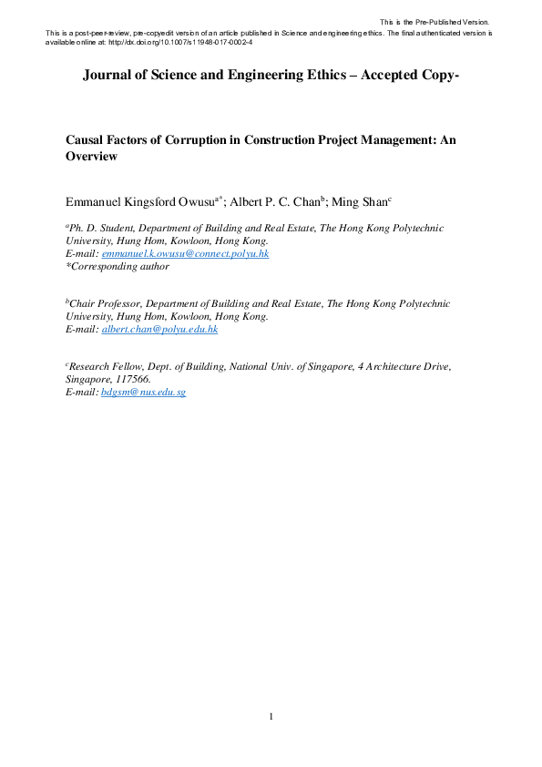 (PDF) Causal Factors of Corruption in Construction Project Management: An Overview