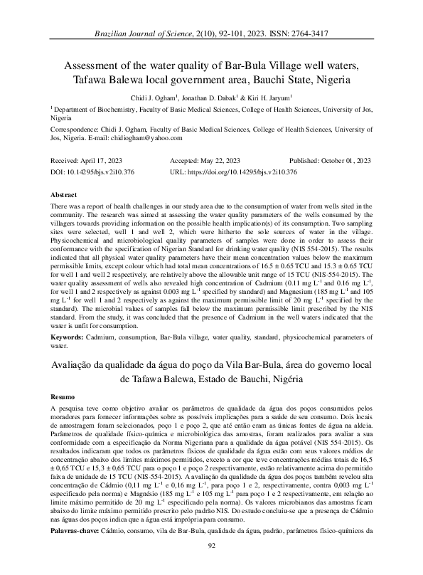 (PDF) Assessment of the water quality of Bar-Bula Village well waters ...