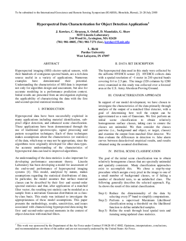 (PDF) Hyperspectral data characterization for object detection applications