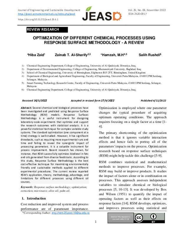 Pdf Optimization Of Different Chemical Processes Using Response
