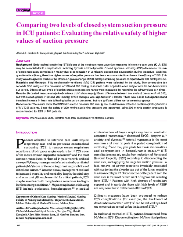 (PDF) Comparing two levels of closed system suction pressure in ICU ...