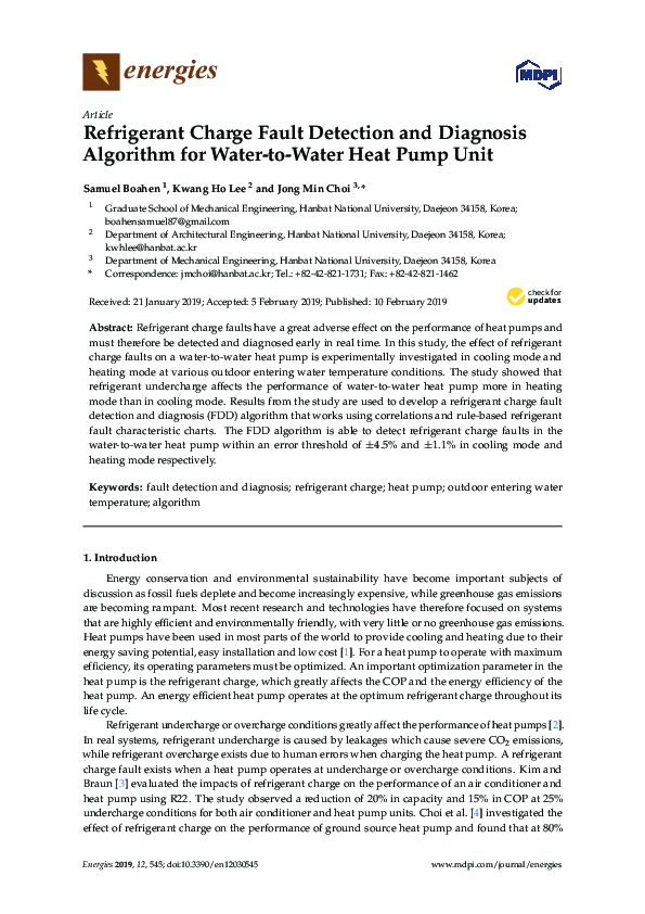 (PDF) Refrigerant Charge Fault Detection and Diagnosis Algorithm for Water-to-Water Heat Pump Unit