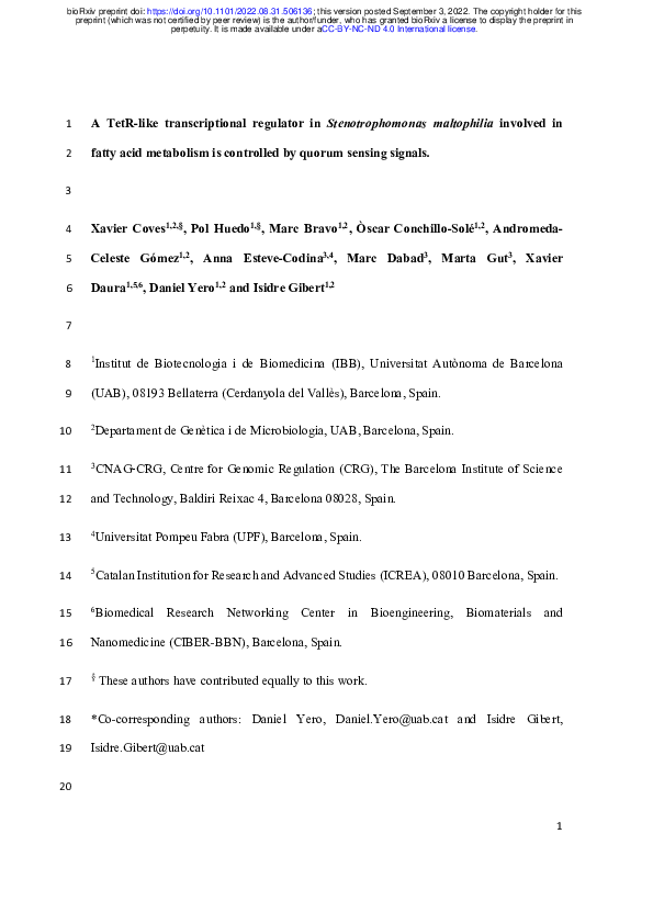 (PDF) A TetR-like transcriptional regulator in Stenotrophomonas maltophilia involved in fatty ...